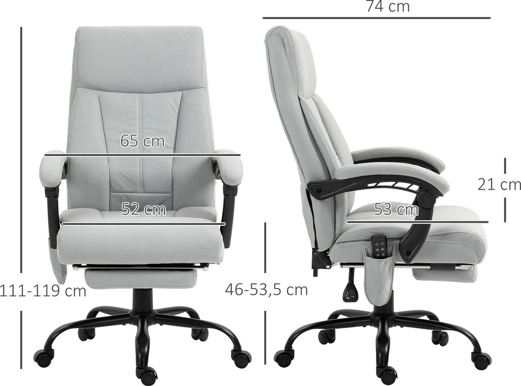 Masážní kancelářská židle Vinsetto s funkcí polohování ergonomická kancelářská židle výškově nastavitelná manažerská židle s podnožkou světle šedá pr…
