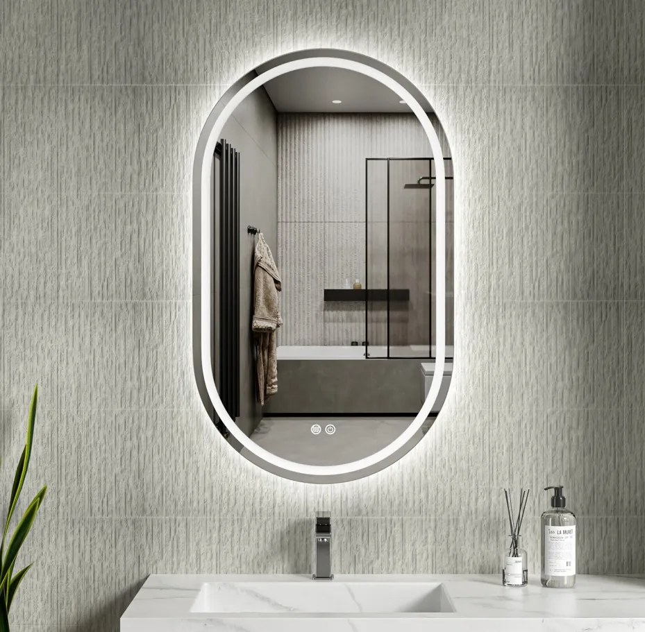 Erga Lyra, oválné LED zrcadlo 60x100cm, 3 barvy světla, přední a zadní osvětlení, vyhřívací podložka proti zapaření, ERG-V01-Lyra-6010-CL