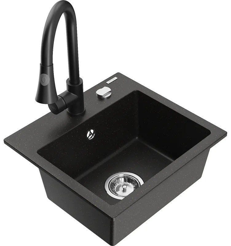 Mexen Milo, 1-komorový granitový dřez 435x410x171 mm a dřezová baterie Elia, černá-zlatá metalíza, 6505-75-670101-70