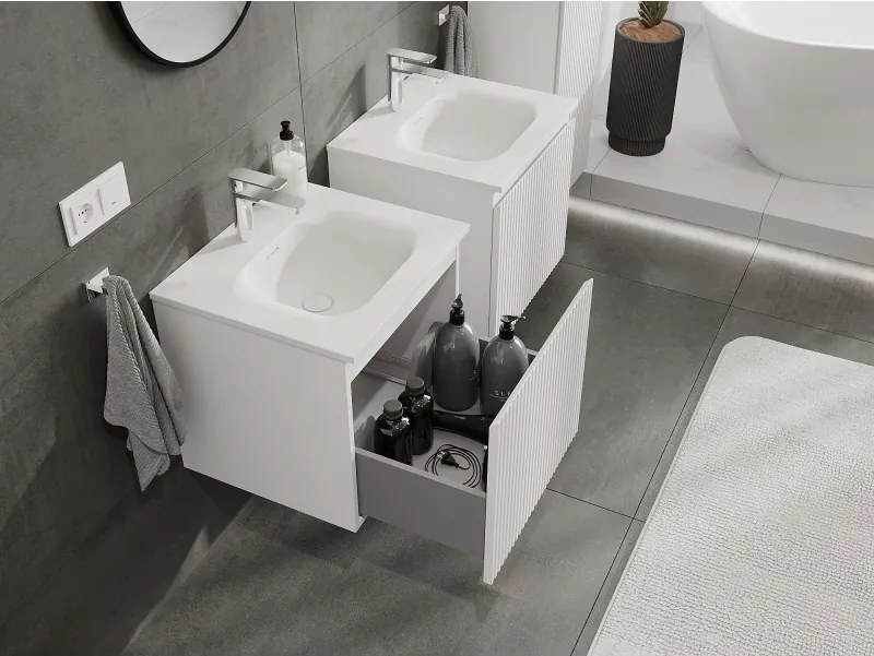 Mexen Rivel, koupelnová skříňka 50 cm s umyvadlem Vela, 1 zásuvka, drážkovaná, bílá matná, 91A20-05047-1-BF01-W23M01