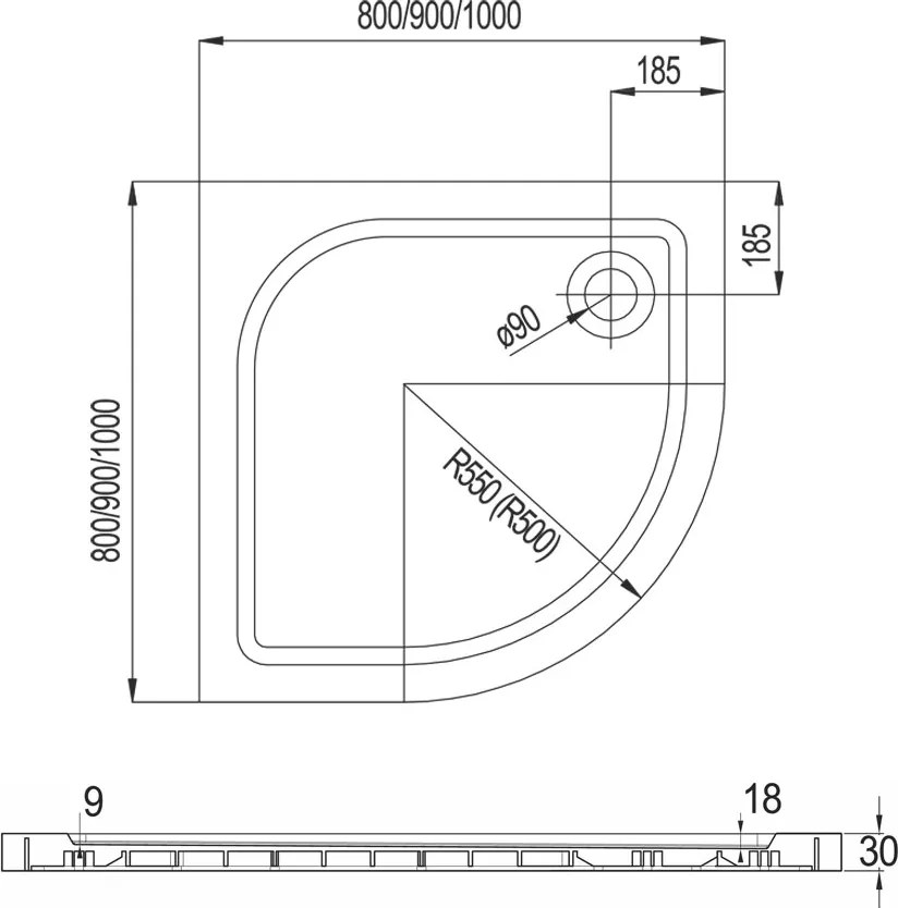 Mereo Mereo, Čtvrtkruhová sprchová vanička, R550, bez nožiček, litý mramor, CV15M