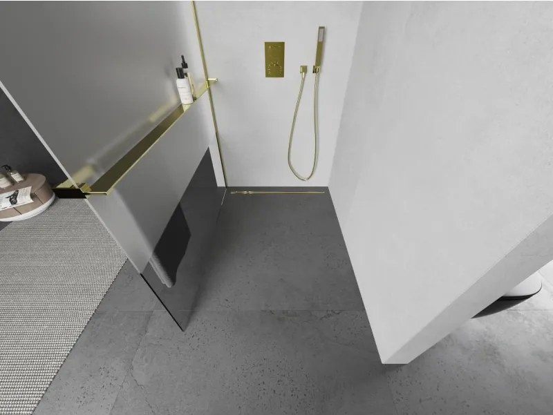 Mexen Kioto+ L, sprchová zástěna Walk-In s poličkou a věšákem 100 x 200 cm, 8mm čiré sklo-námraza, zlatý lesklý profil, 800-100-123-50-35