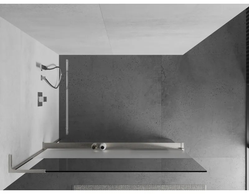 Mexen Kioto+ L, sprchová zástěna Walk-In s poličkou a věšákem 110 x 200 cm, 8mm čiré sklo-námraza, broušená ocel profil, 800-110-123-97-35