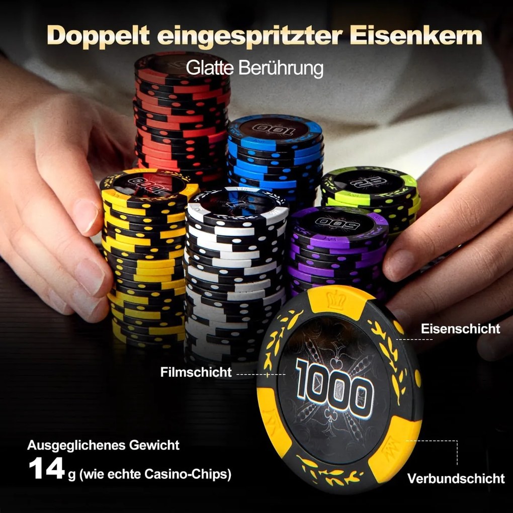 Costway Pokerová sada s 500 laserovými žetony a 2 hracími kartami a 5 kostkami