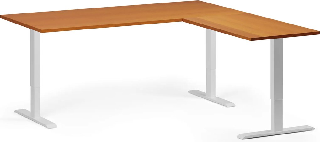 Rohový výškově nastavitelný stůl, 180x180 cm, 3 motory, L/P, bílá podnož, třešeň