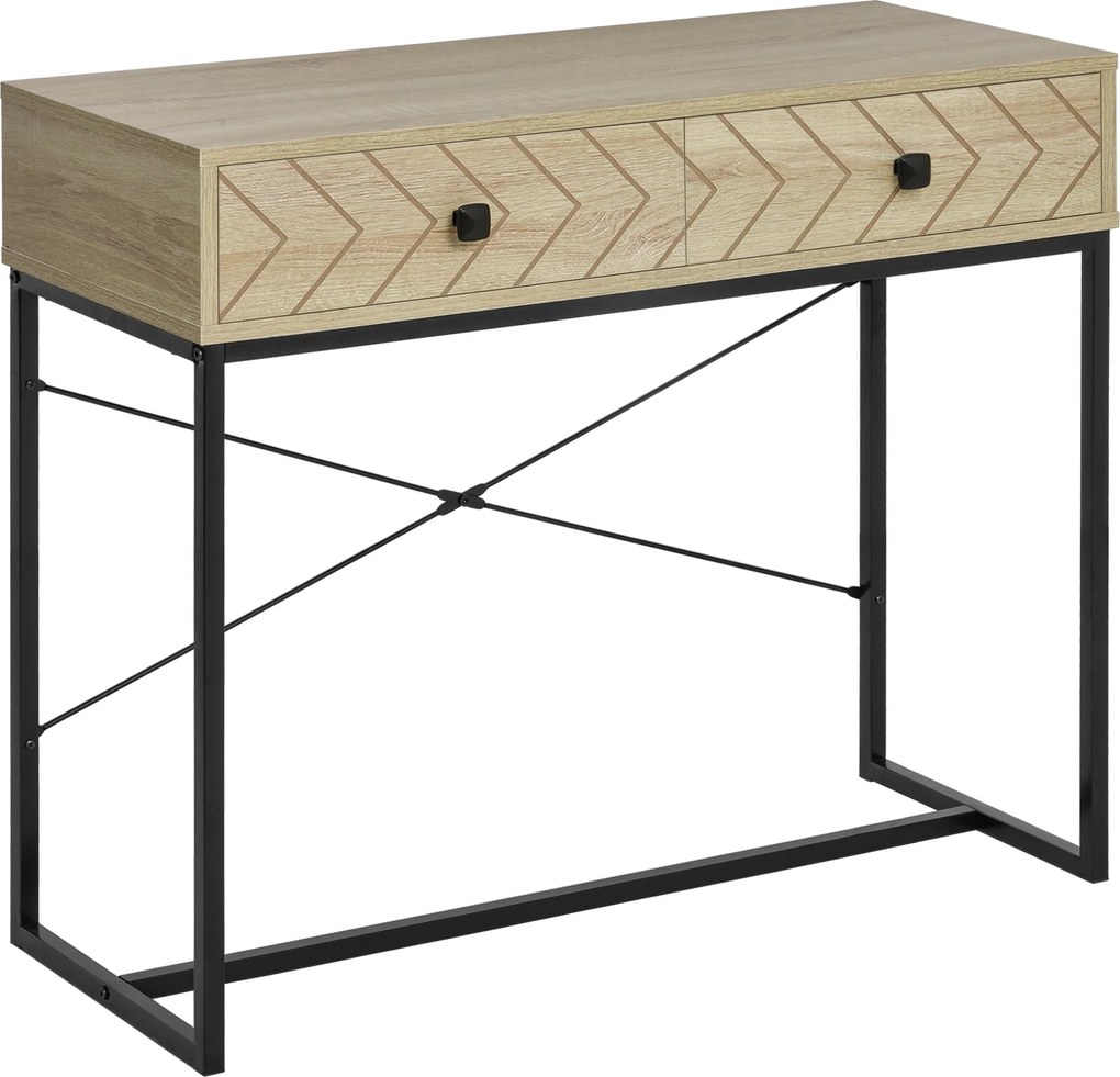 HOMCOM Konferenční stolek 90x35x76 cm s 2 dekorativními úložnými šuplíky a kovovým rámem pro předsíň a obývací pokoj v přírodní barvě | Aosom