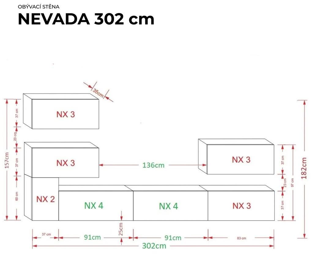 Ral Obývací stěna NEVADA 6, 302 cm - Bílo/černý lesk
