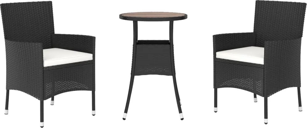 3dílný zahradní bistro set s poduškami černý polyratan 3187432