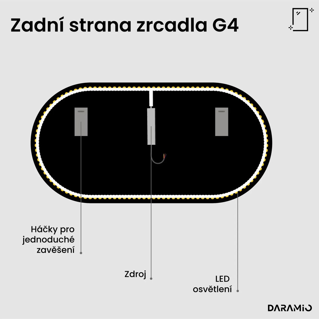 Podlouhlé zrcadlo do koupelny s oblými konci a LED osvětlením G4