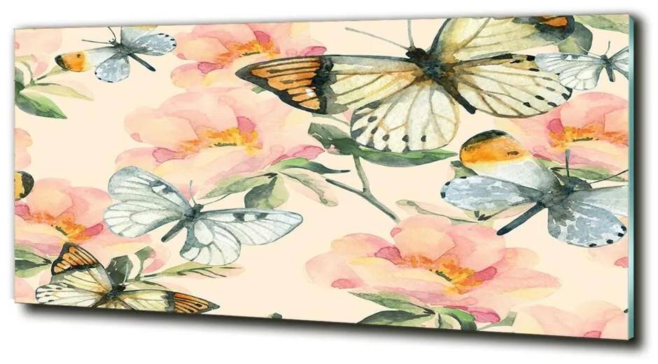 Wallmuralia Foto-obraz na skle horizontální Motýli a květiny 125x50 cm