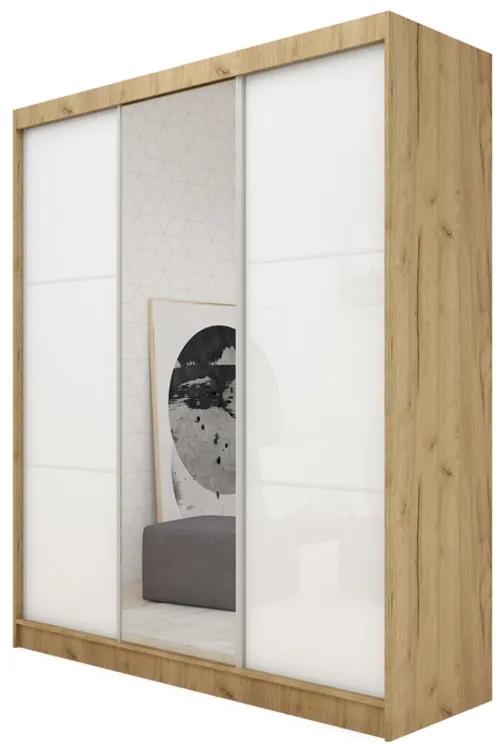 Expedo Skříň s posuvnými dveřmi a zrcadlem BIBIANA + Tichý dojezd, sonoma/bílé sklo, 180x216x61