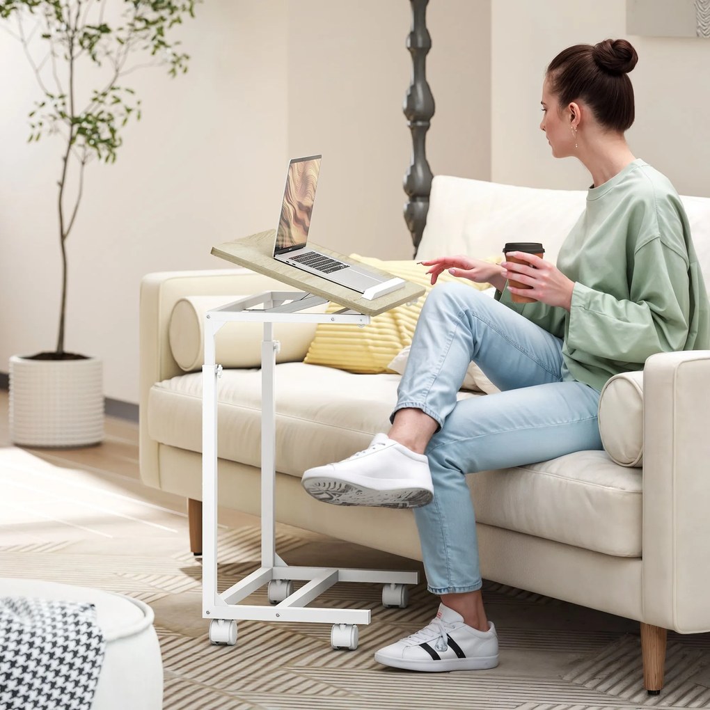HOMCOM Mobilní Boční Stolek k Pohovce s Nastavitelnou Výškou a Naklápěcí Desktopem, Metalový Rám pro Ložnici, Obývací Pokoj, Kancelář 55x36x62.5-82.5