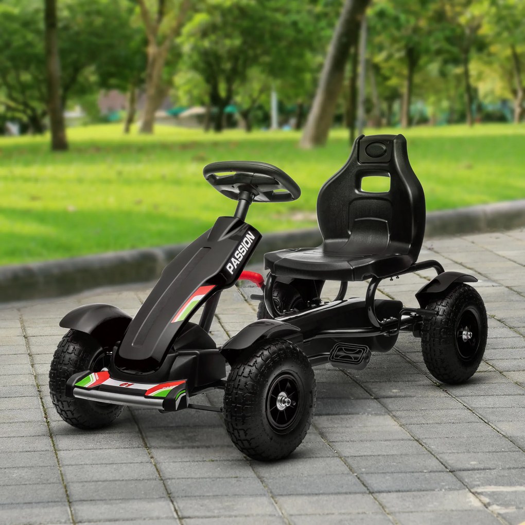 HOMCOM GoKart, šlapací auto, šlapací auto s ruční brzdou, dětské vozidlo s nastavitelným sedadlem, šlapací, kettcar pro 5-12 let, černá