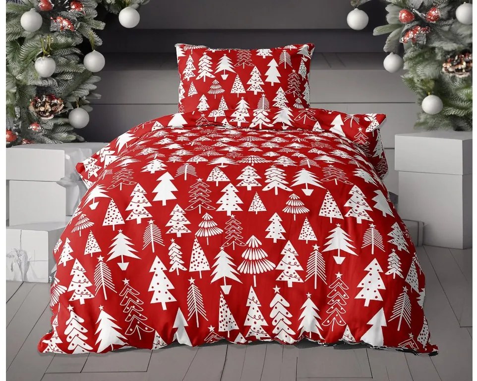 Flanelové povlečení CHRISTMAS TREES červené + prostěradlo mikroplyš SOFT 90x200 cm bílé