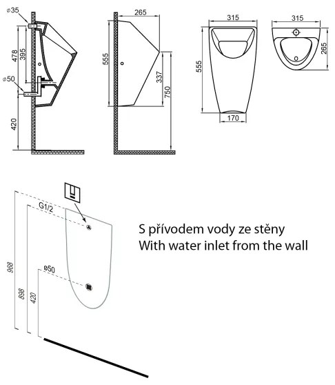 Bruckner - Pisoár SCHWARN zadní přívod, zadní odpad keramika/bílá