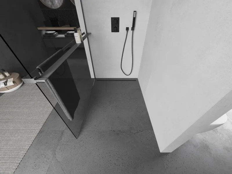 Mexen Kioto+ L, sprchová zástěna Walk-In s poličkou a věšákem 70 x 200 cm, 8mm čiré sklo, grafitový profil, 800-070-123-66-00