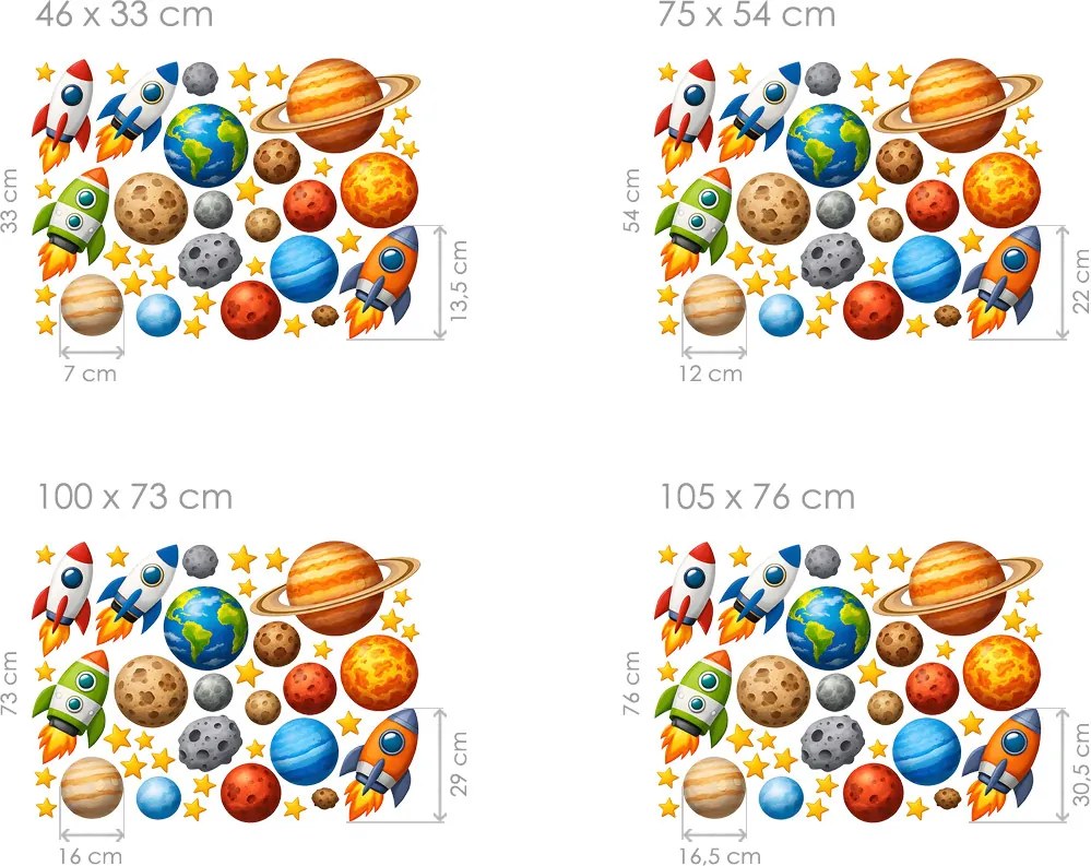 Rakety a planetky samolepky na zeď arch 100 x 73 cm