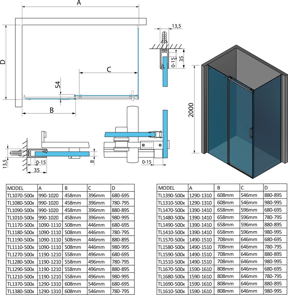 Polysan Sapho, THRON LINE SQUARE obdélníkový sprchový kout 1400x900mm, hranaté pojezdy