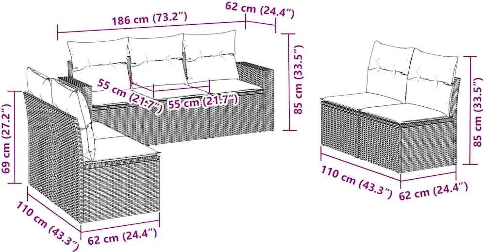 7dílná zahradní sedací souprava s poduškami černá polyratan 3251163
