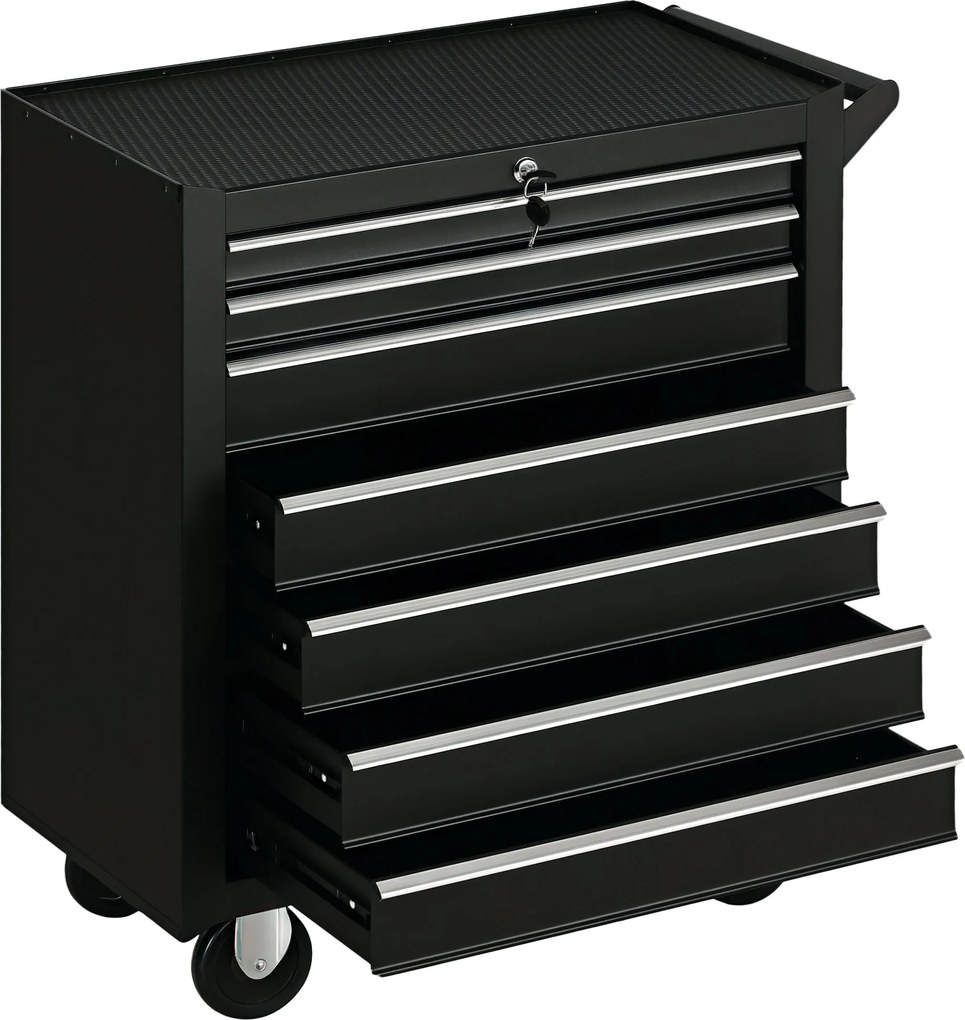DURHAND Tool Cart with 7 Drawers, EVA Mats, Lock and 2 Keys, Braked Wheels and Handle, Steel for Garage, Black | Aosom