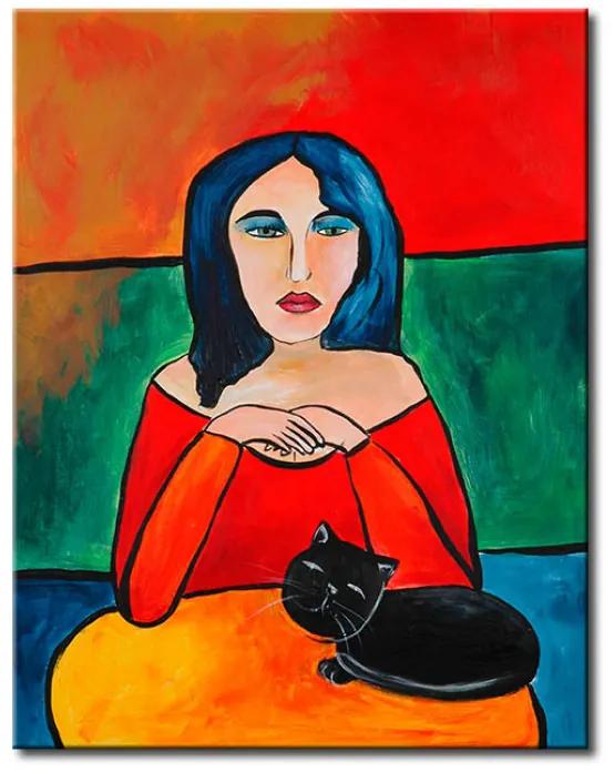 Obraz Dáma s černým kotem (1dílný) - portrét ženy na barevném pozadí