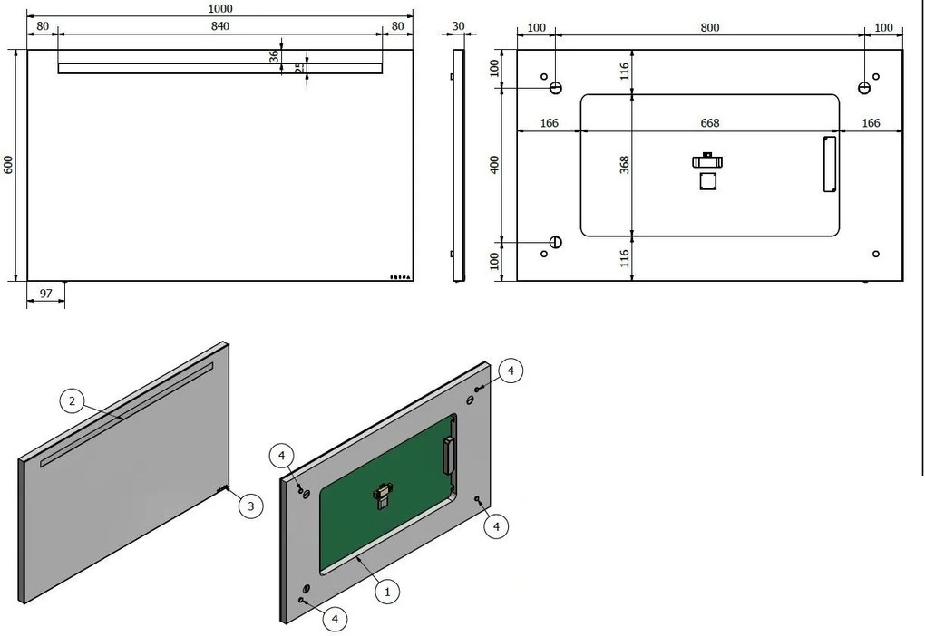 HOPA Zrcadlo s LED osvětlením BEROUNKA Rozměr A - 100 cm, Rozměr B - 3 cm, Rozměr C - 60 cm - ZRBERO6010