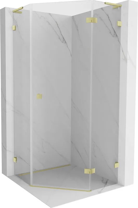 Mexen Lunar, L pravý výklopný pětiúhelníkový sprchový kout 100x100 cm, 8mm čiré sklo, zlatý matný profil, 831L-100P-100L-55-00-P