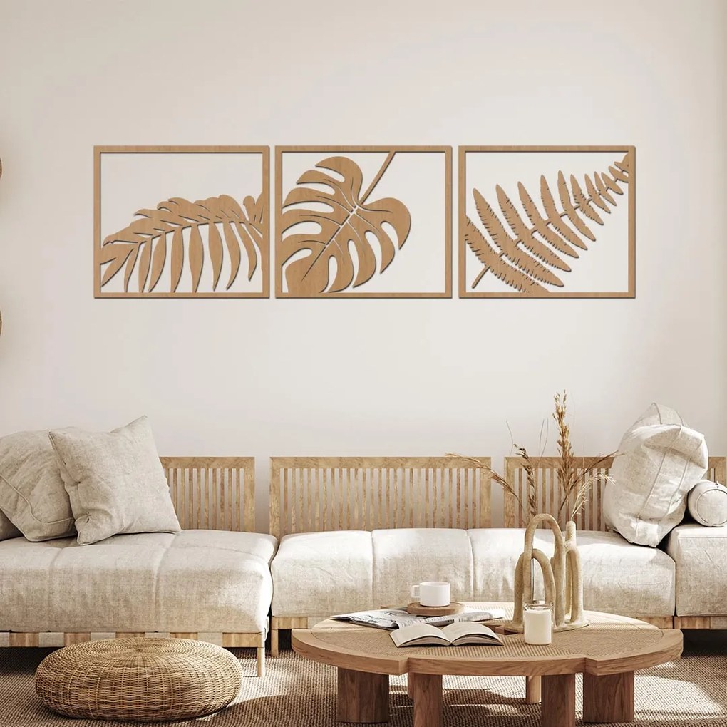 dřevo života 3dílný dřevěný obraz exotickych rostlin Barevný vzor: Bílá, Rozměry (cm): 60x54