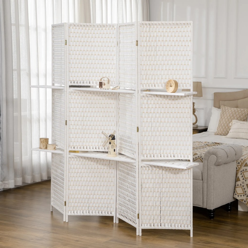 HOMCOM Skládací paraván se 4 panely 181x180 cm s policemi, dekorativní oddělovací příčka do ložnice, obývacího pokoje, kuchyně - Bílá