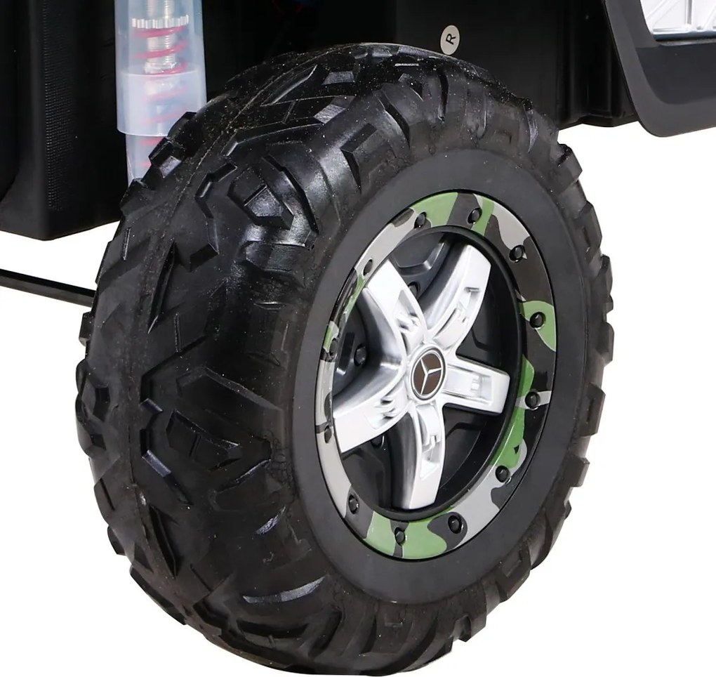Ramiz Mercedes Benz Unimog elektrické autíčko pro děti maskáčové + pohon 4x4 + dálkové ovládání + nosič zavazadel + pomalý start + rádio MP3 + LED
