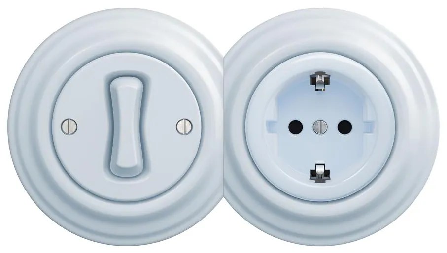 Kliklap - Retro jednopólový vypínač č. 1 a zásuvka SCHUKO 230V s rámečkem modrá 2xKA0026+KA0019+KA0108