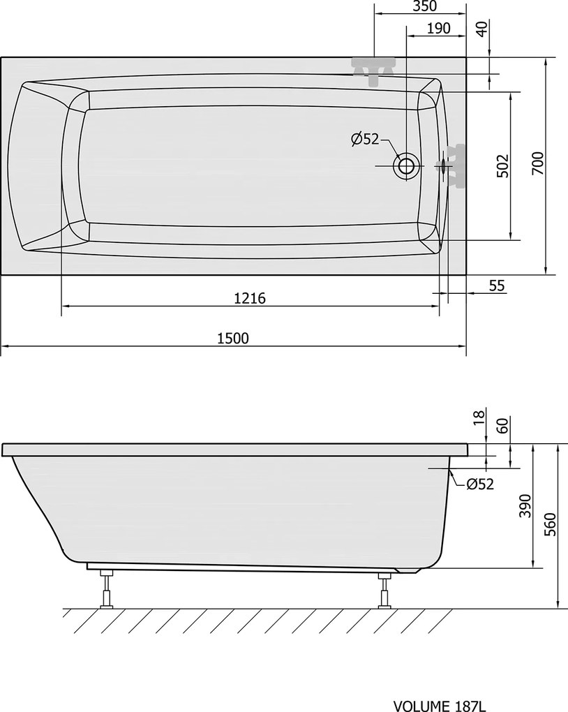 Polysan Lily Slim obdélníková vana 150 x 70 x 39 cm bílá 72273S