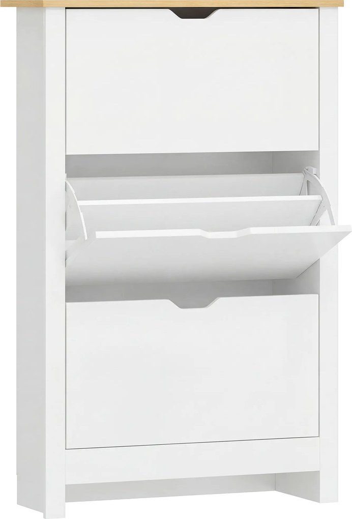 HOMCOM skříňka na boty výklopný botník 3 klapky na 18 párů bot prostorově úsporná v bílé a přírodní barvě 72 x 26 x 112 cm do předsíně a vstupních pr…