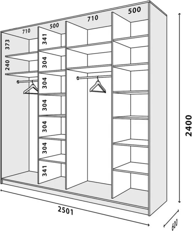 Skříň 4D 2500x600x2400, 3 DTD + 1 zrcadlo, bílá