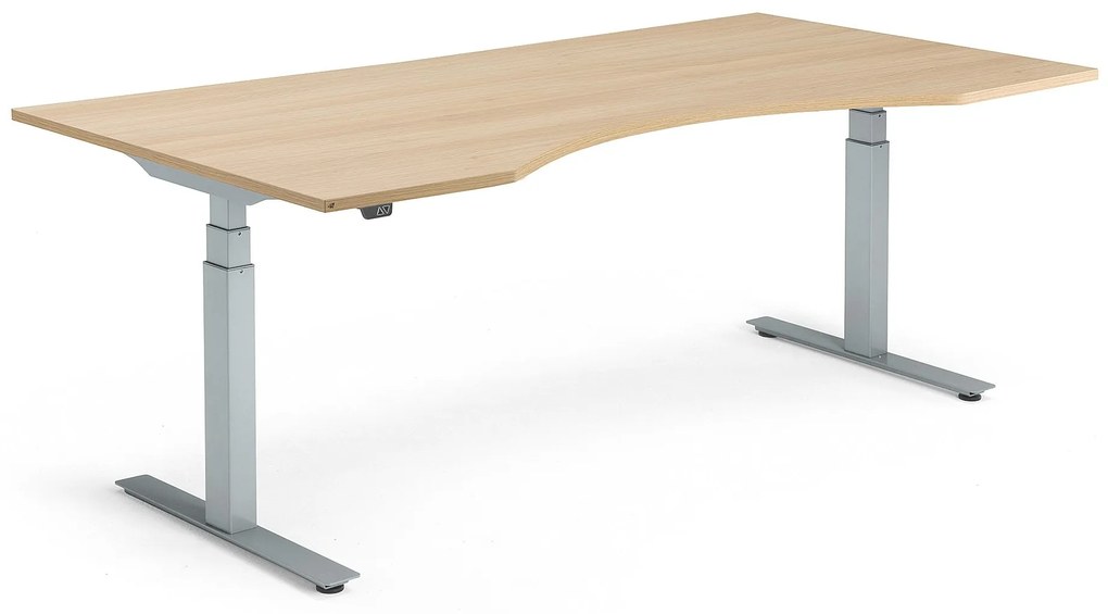 AJ Produkty Výškově nastavitelný stůl MODULUS, vykrojený, 2000x1000 mm, stříbrný rám, dub