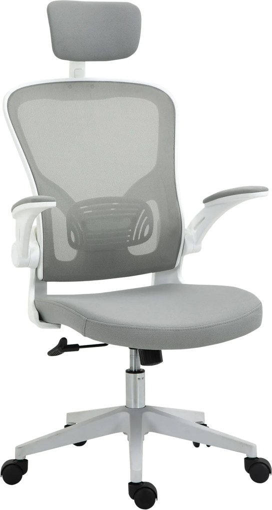 Ergonomická kancelářská židle Vinsetto s funkcí houpání, vysokým opěradlem, bederní oporou, opěrkou hlavy a skládacími područkami, šedá 65 x 64 x 114-