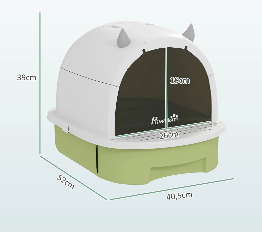 PawHut Krytá Kočičí Toaletní Miska s Odnímatelným Víkem a Šuplíkem pro Snadné Čištění s Uhlíkovým Filtr a Rukojetí 40,5x52x39 cm Bílá a Zelená