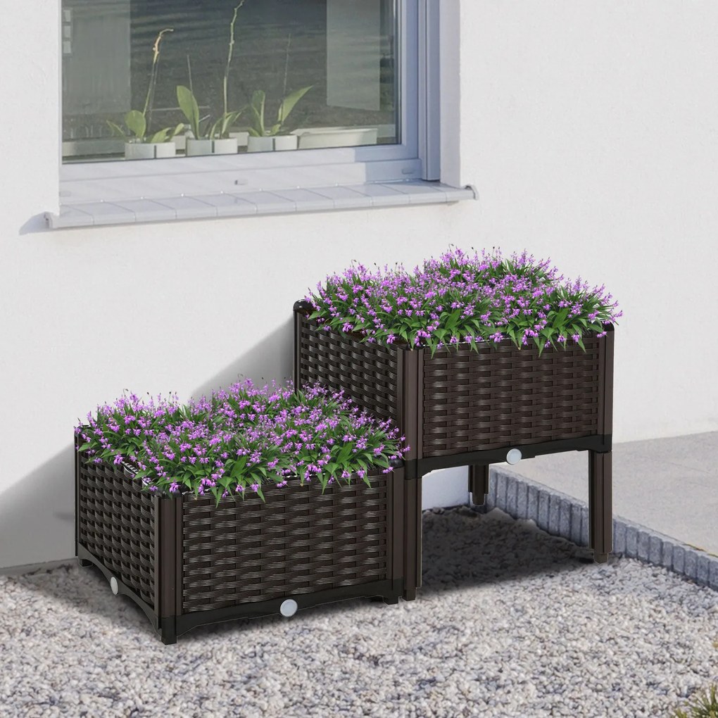 Vyvýšený záhon Outsunny, květináč s drenážními otvory, květinová box v ratanovém vzhledu, plast, hnědá, 40 x 44 cm