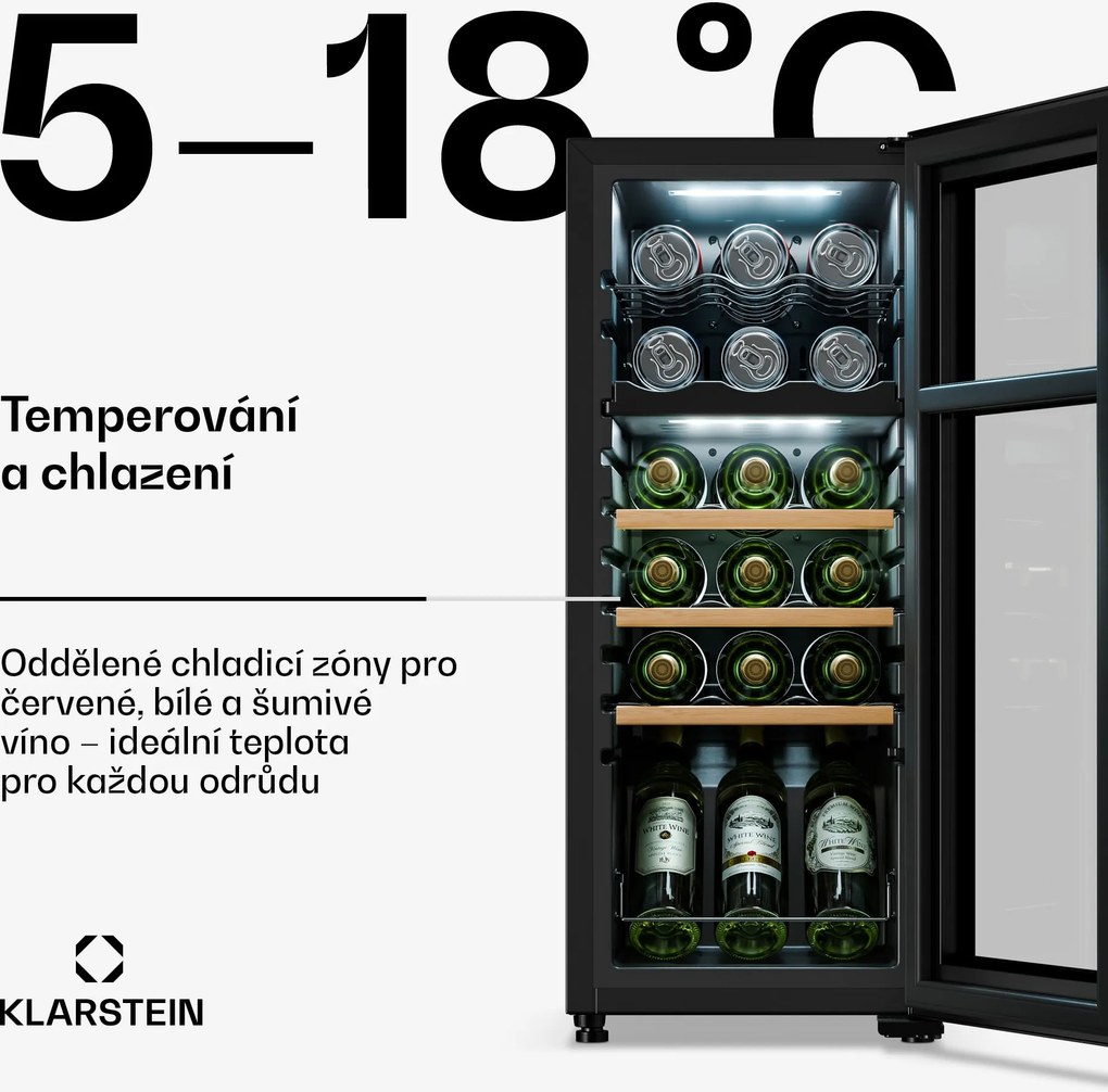 Klarstein Bovella 18 Duo+, vinotéka, 50 l, 18 lahví, 2 zóny, skleněné dveře