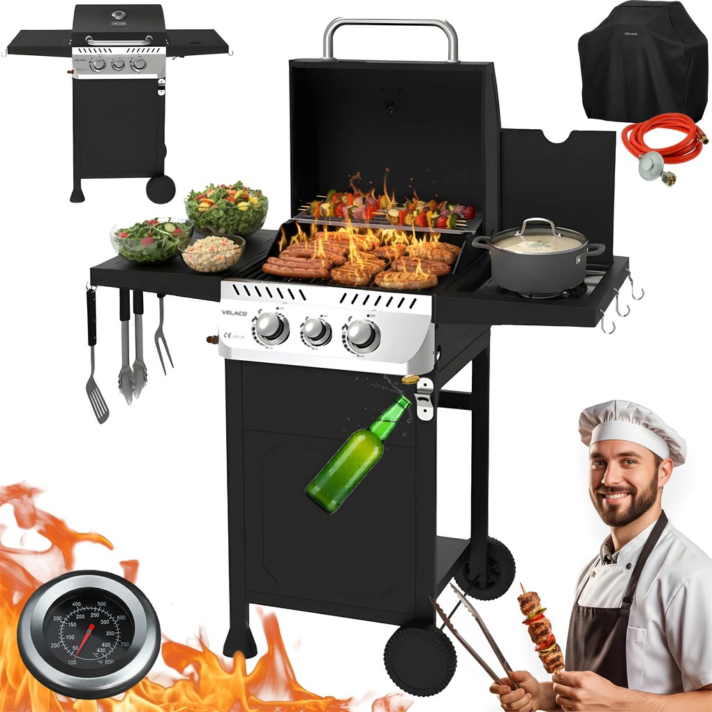 BPS-koupelny Plynový BBQ gril s boční plotýnkou, poličkou a krycí plachtou - , 2+1 hořák