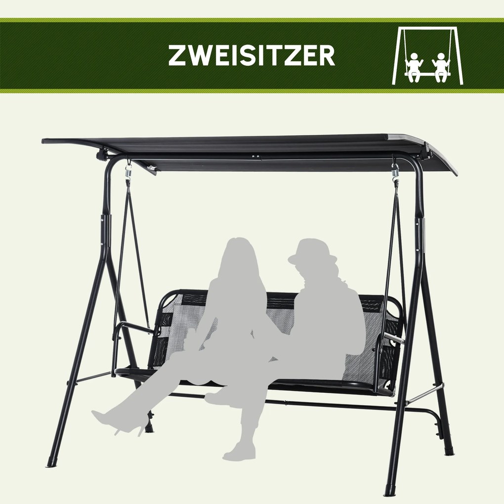 Outsunny 2-místné Hollywoodské houpací křeslo do exteriéru, UV-odolné, vysoce kvalitní kovová konstrukce, nastavitelný sklon, černé
