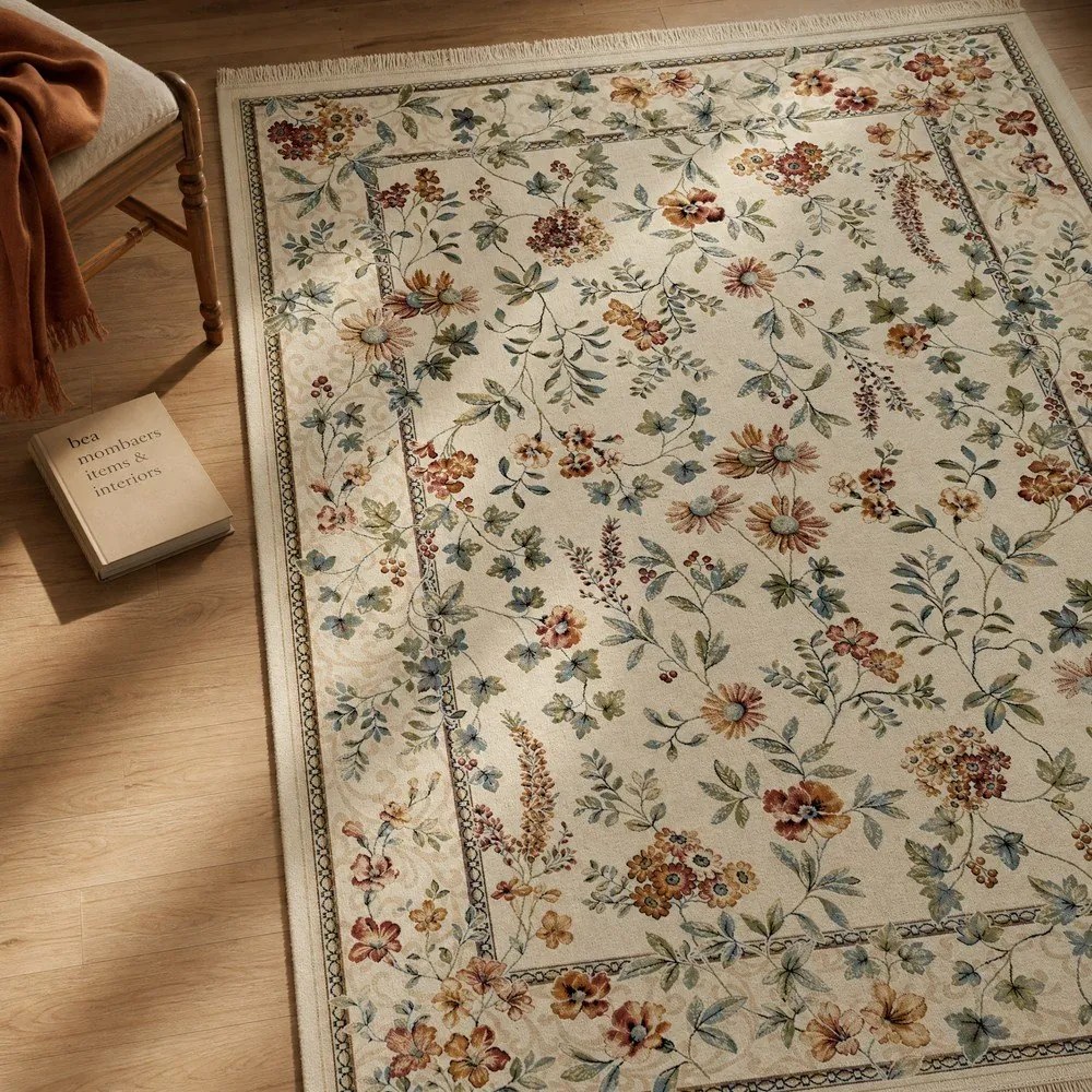 Krémový koberec z viskózy 135x195 cm Oriental Flowers – Nouristan