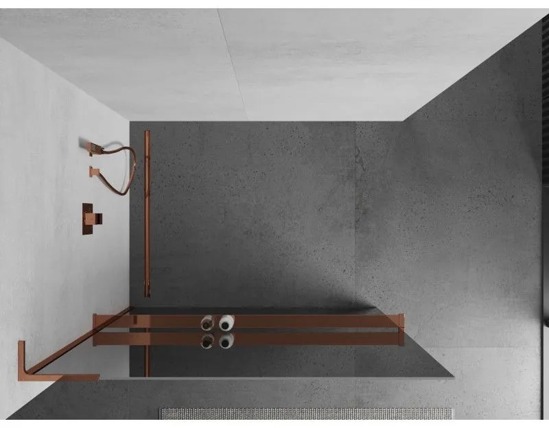 Mexen Kioto+ L, sprchová zástěna Walk-In s poličkou a věšákem 90 x 200 cm, 8mm sklo vzor zrcadlo, růžové zlato profil, 800-090-123-60-50