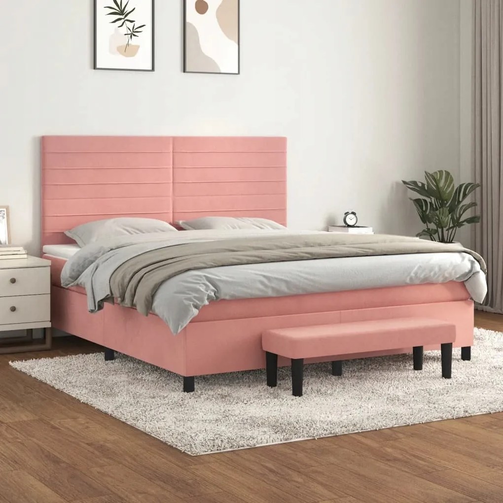 Box Spring Postel S Matrací Samet Růžová vodorovné pruhy 180 x 200 cm