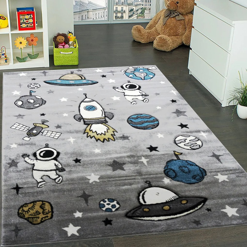BE Dětský koberec Smart Kids 22924 GREY - šedý obdélníkový, vesmírný Rozměr: 140x190 cm