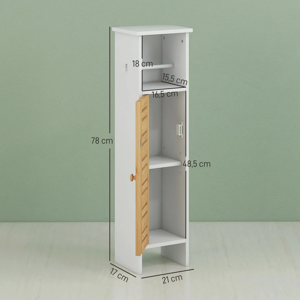HOMCOM Koupelnová skříňka s držákem toaletního papíru a odnímatelnou tyčí 3 úrovně + držák toaletního papíru, 21 š x 17 h x 78 v cm, bambus a bílá