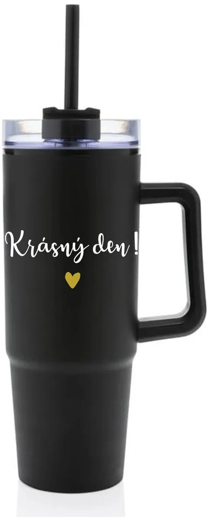 KRÁSNÝ DEN - černý cestovní termohrnek s průhledným víčkem 900 ml