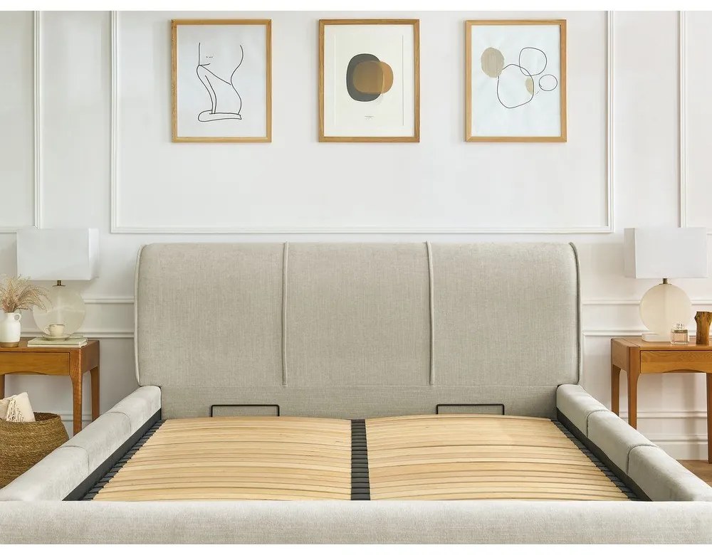 Béžová čalouněná dvoulůžková postel s úložným prostorem s roštem 160x200 cm Vernon – Bobochic Paris