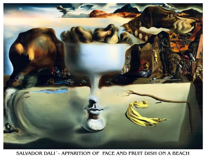 Umělecký tisk Zjevení tváře a ovocné mísy na pláži, 1938, Salvador Dalí, (80 x 60 cm)