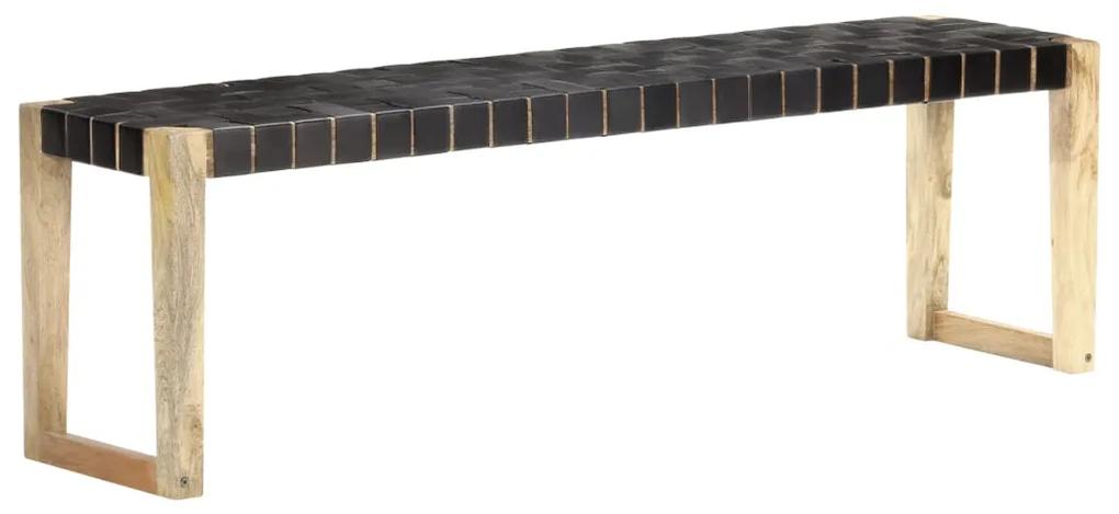 Lavice 150 cm černá pravá kůže a masivní mangovníkové dřevo - Default Title